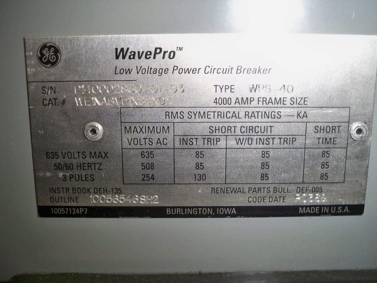 WPS-40 GE WavePro 4000A 600V MVT+ LSG Air Circuit Breaker EO/DO | Used ...