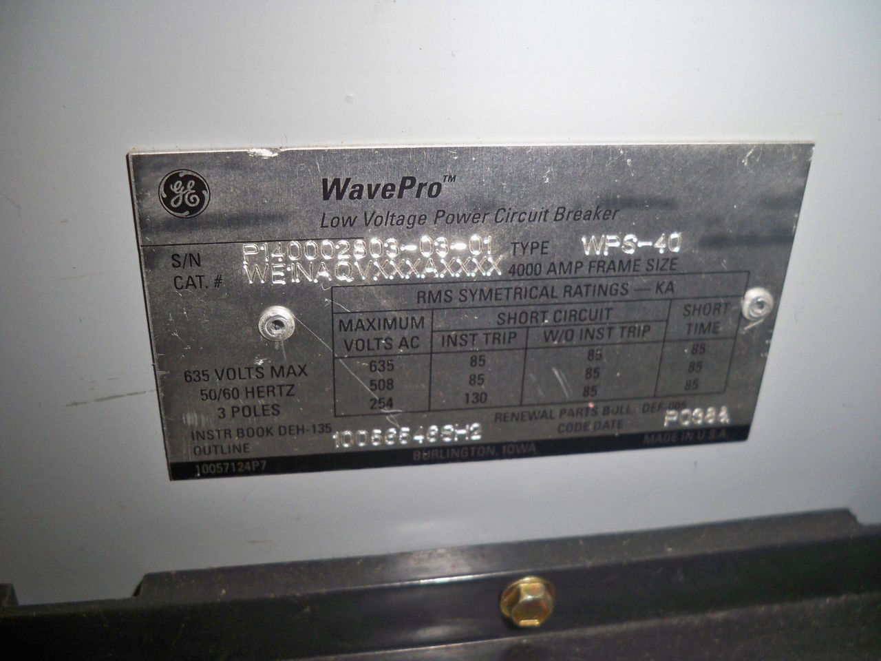 WPS-40 GE WavePro 4000A 600V MVT+ LSIG Air Circuit Breaker MO/DO | Used ...