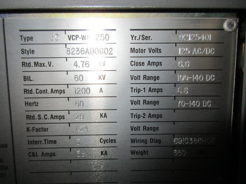 50 VCP-WR 250 Westinghouse Vacuum Breaker 1200A 4.76KV EO/DO | Used ...