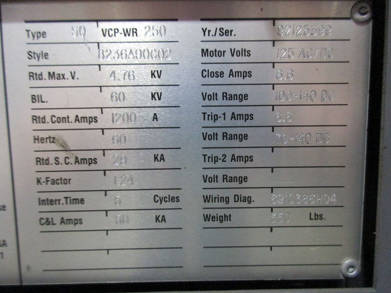 50 VCP-WR 250 Westinghouse Vacuum Breaker 1200A 4.76KV EO/DO | Used ...
