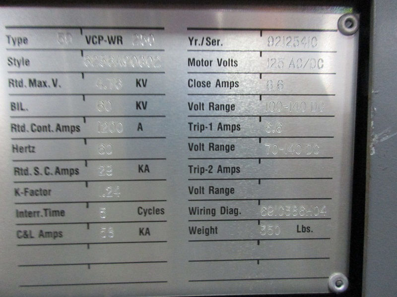 50 VCP-WR 250 Westinghouse Vacuum Breaker 1200A 4.76KV EO/DO | Used ...