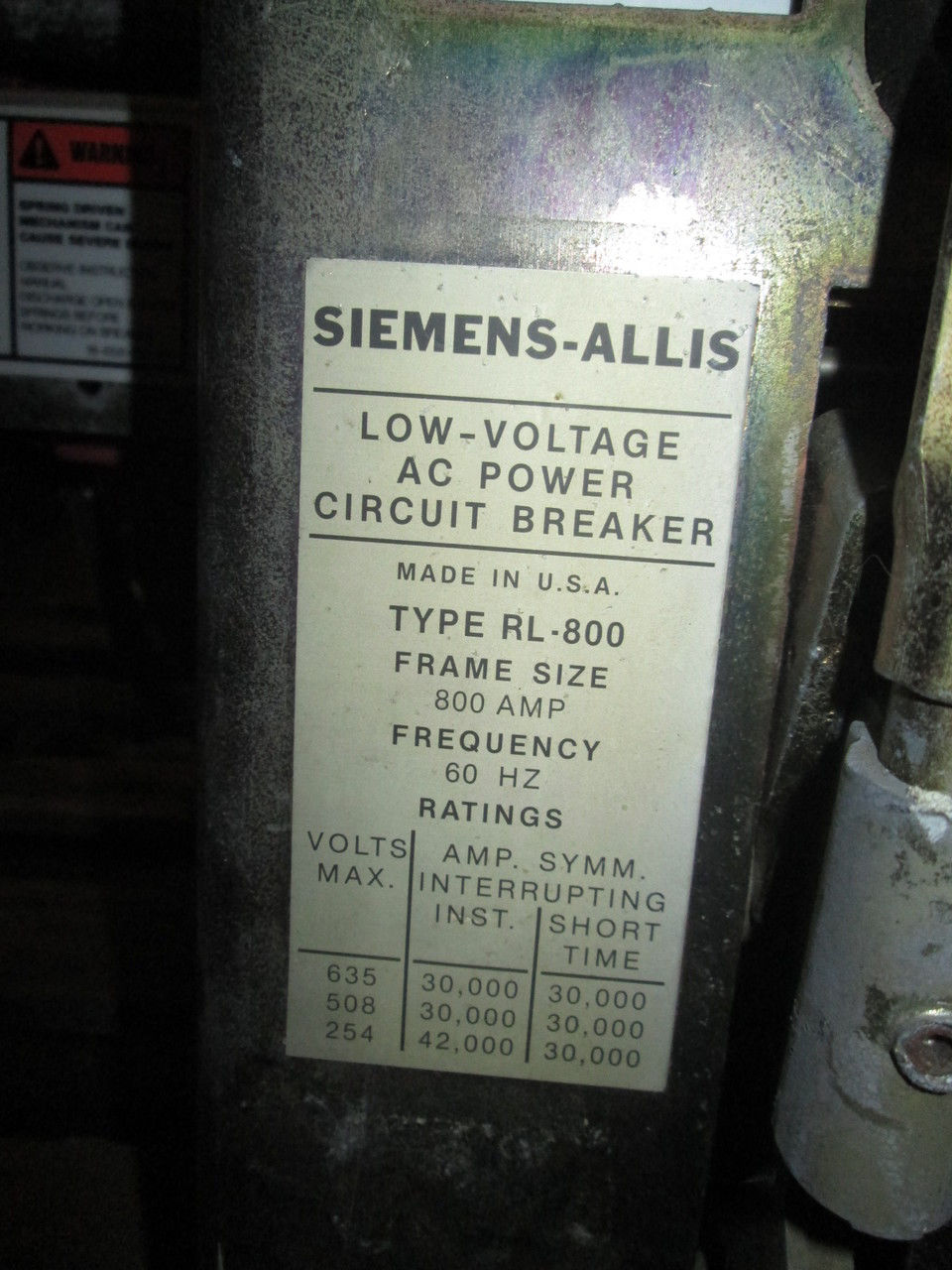 RL-800 Siemens-Allis 800A Frame 600V Air Breaker MO/DO LSIG | Used ...