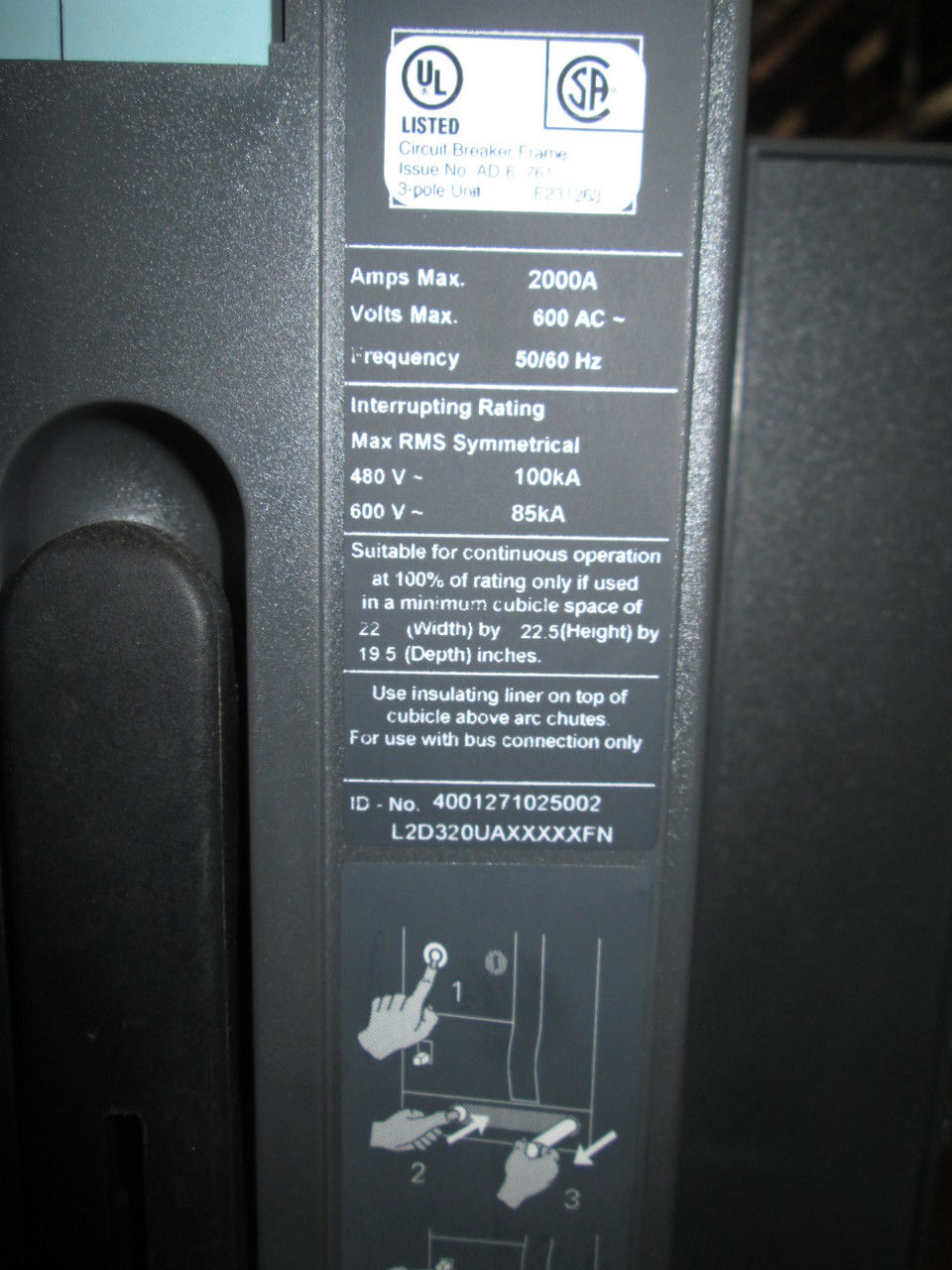 WLL2D320 Siemens 2000A Frame 2000A Rated 600V Power Circuit Breaker M/O ...