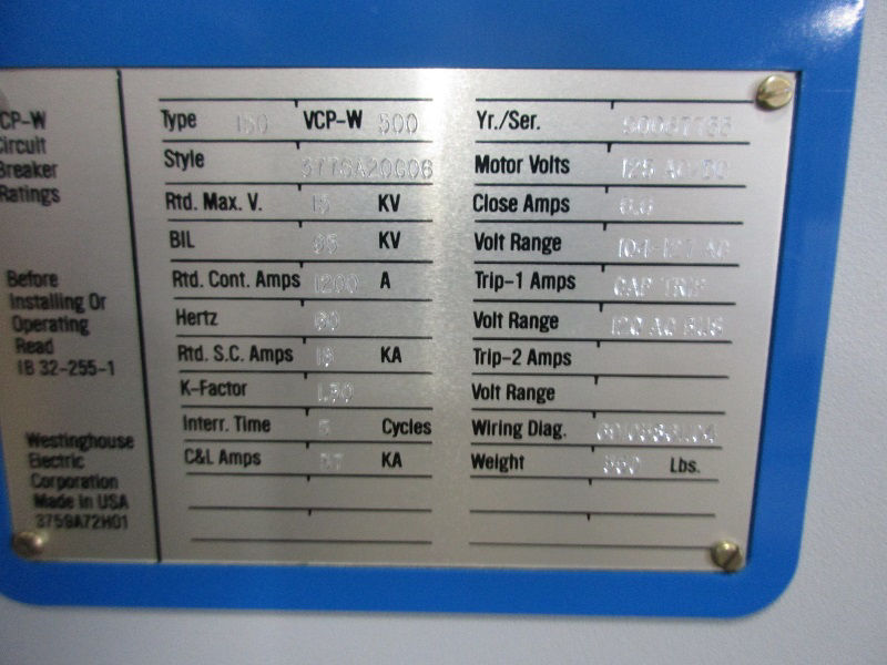 150 VCP-W 500 Westinghouse Vacuum Breaker 1200A 15KV EO/DO | Used ...