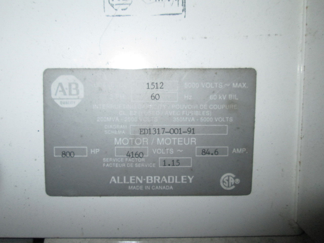 Allen Bradley Bulletin 1512 4160V 800HP 84.6 Amps R&G | Used ...