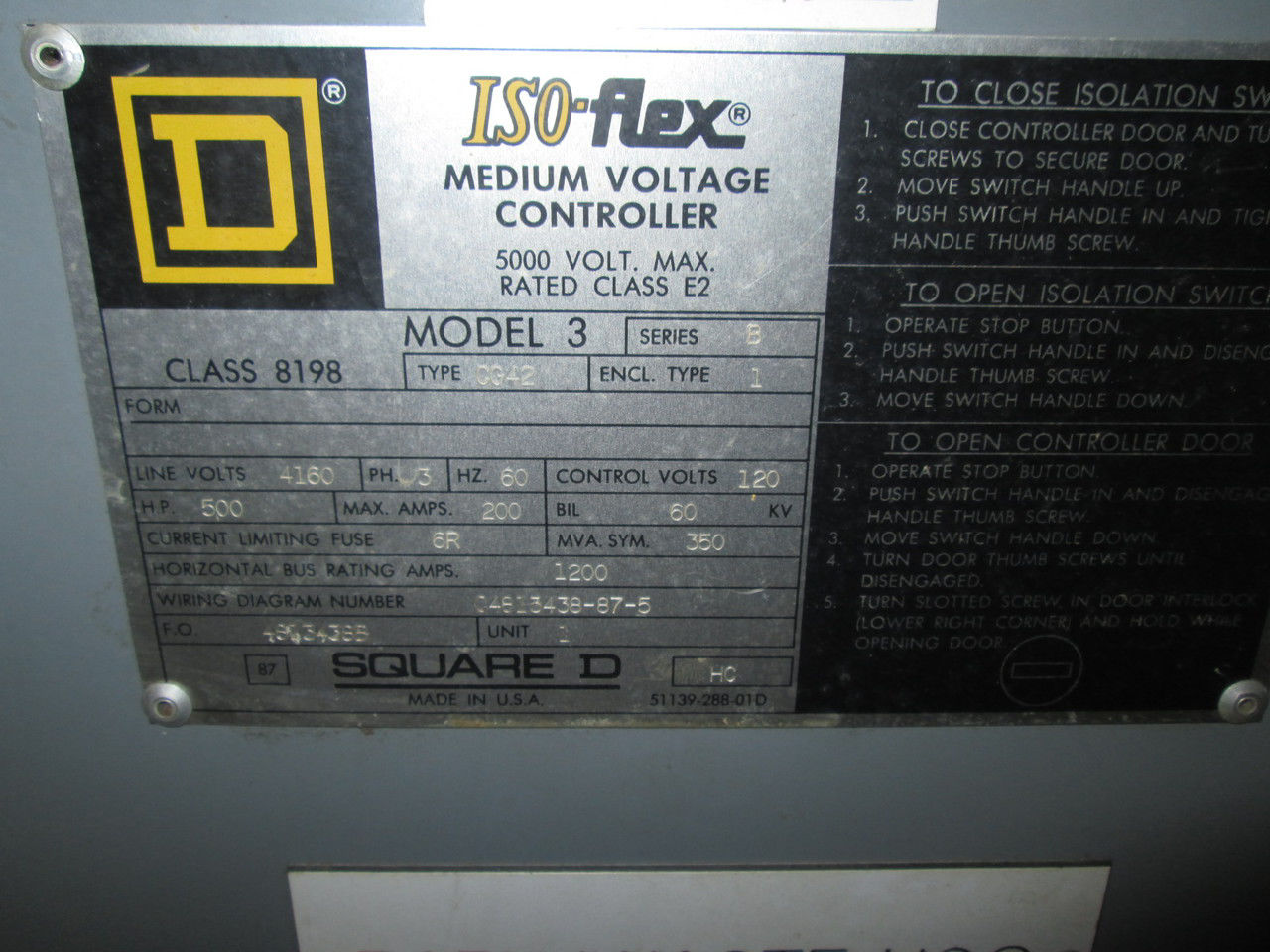 Square D Iso-Flex Medium Voltage Controller Model 3 type CG42 4160V ...