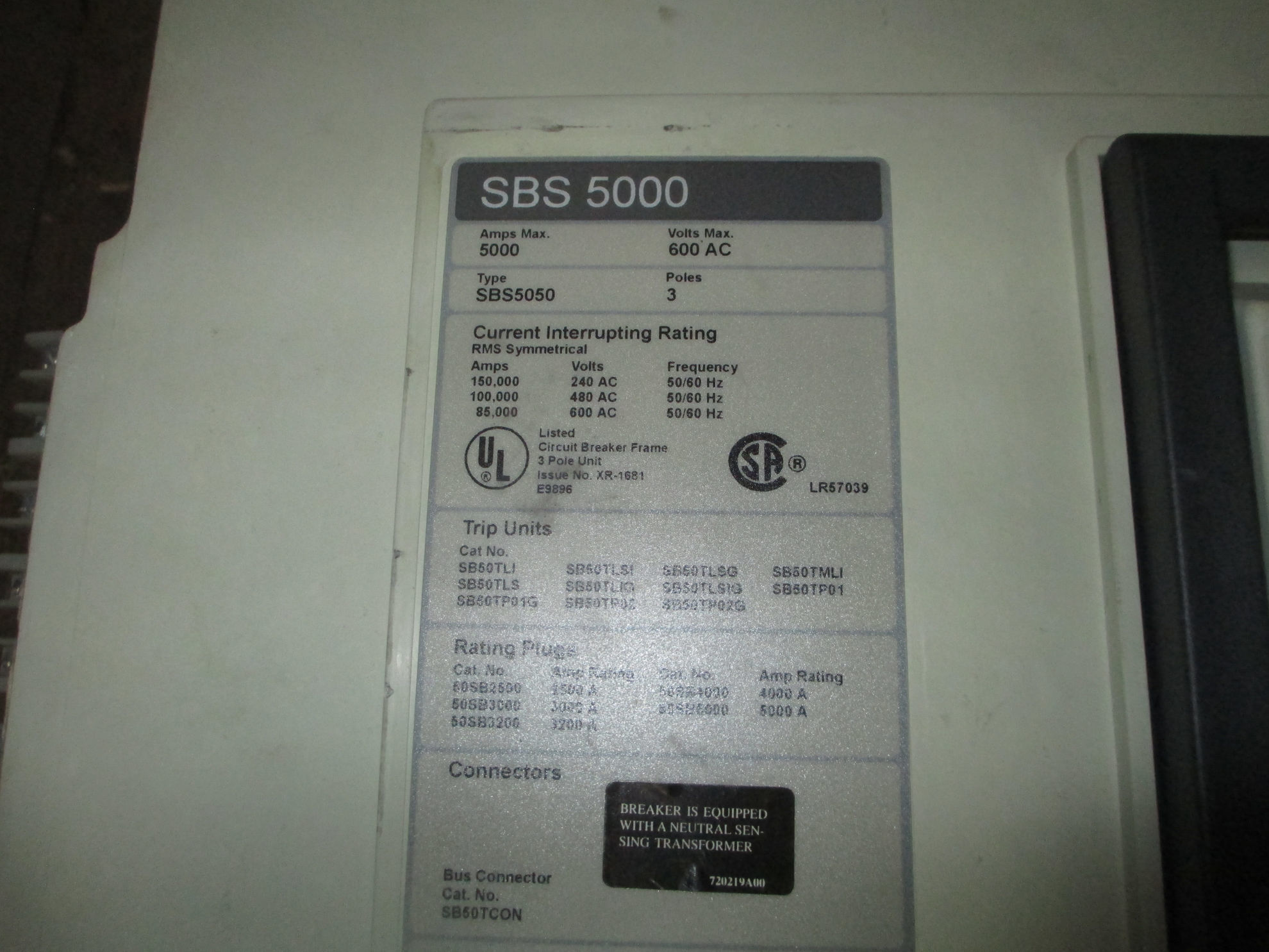 SBS5000 Siemens Breaker 5000 Amp 600 VAC W/ 4000 Amp Rating Plug E/O F ...