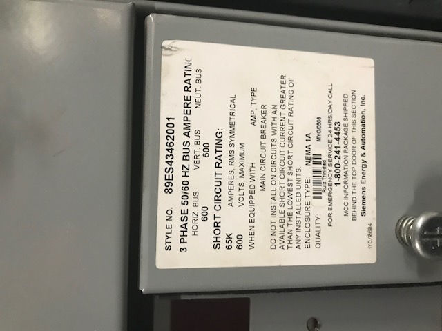 Siemens Tia-Star MCC 600 Amp LD63F600 Main Breaker 480Y/277 Volt R&G ...