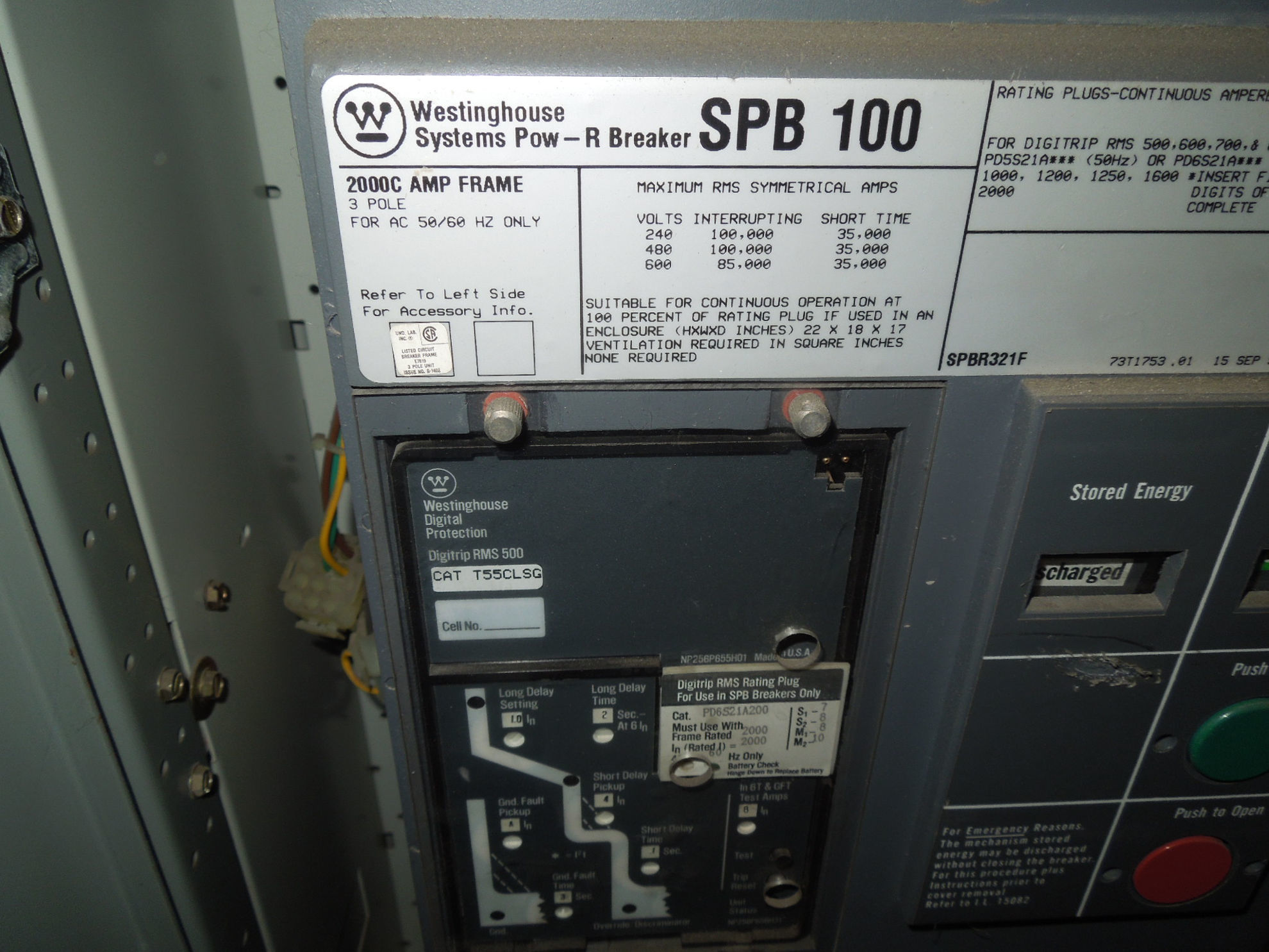 Westinghouse 2100 Series MCC 1200 Amp SPBR321F (LSG) Main Breaker 480Y ...
