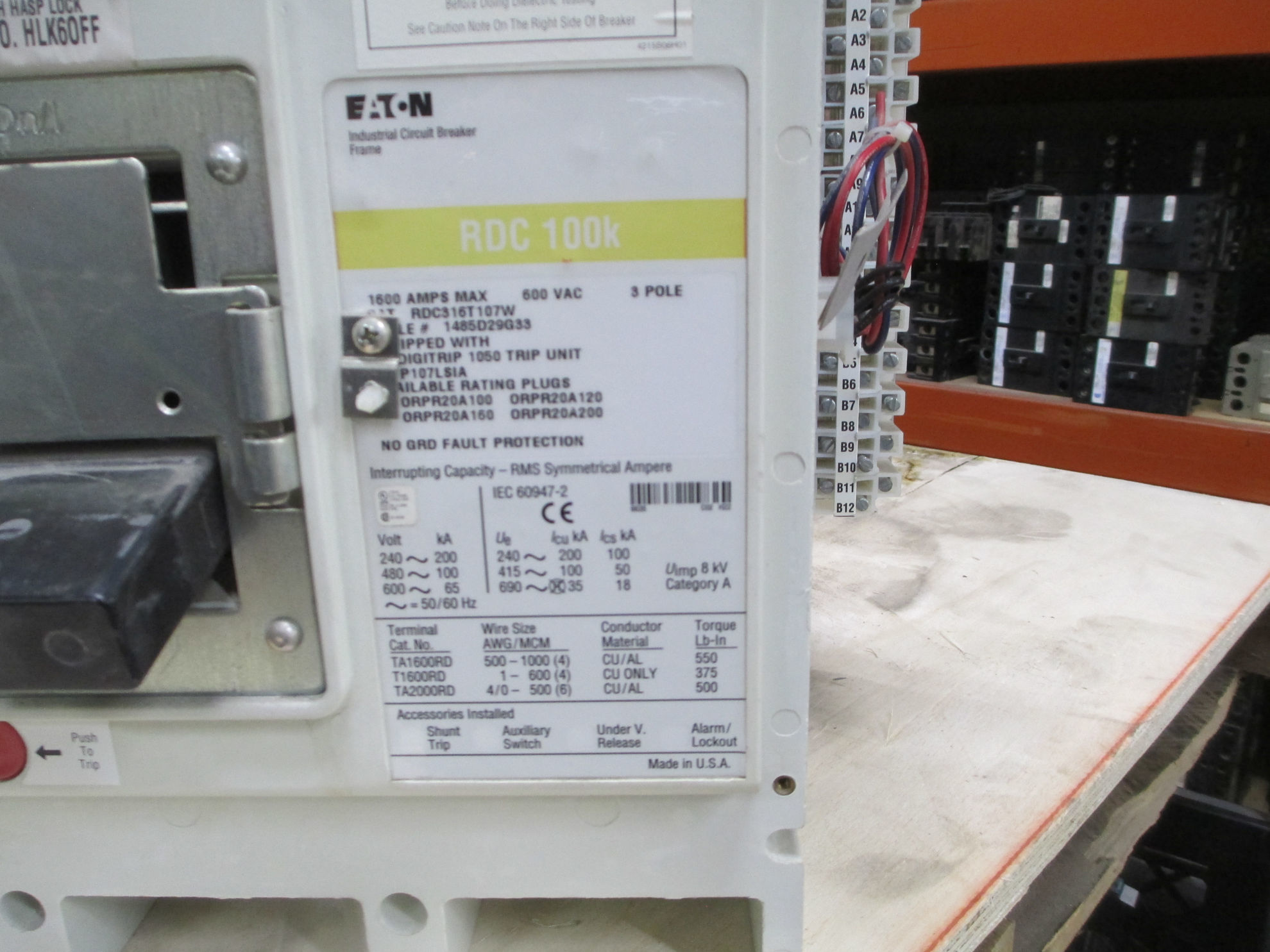 Eaton RDC316T107W Circuit Breaker 1600A 600 VAC F/M M/O | Used ...