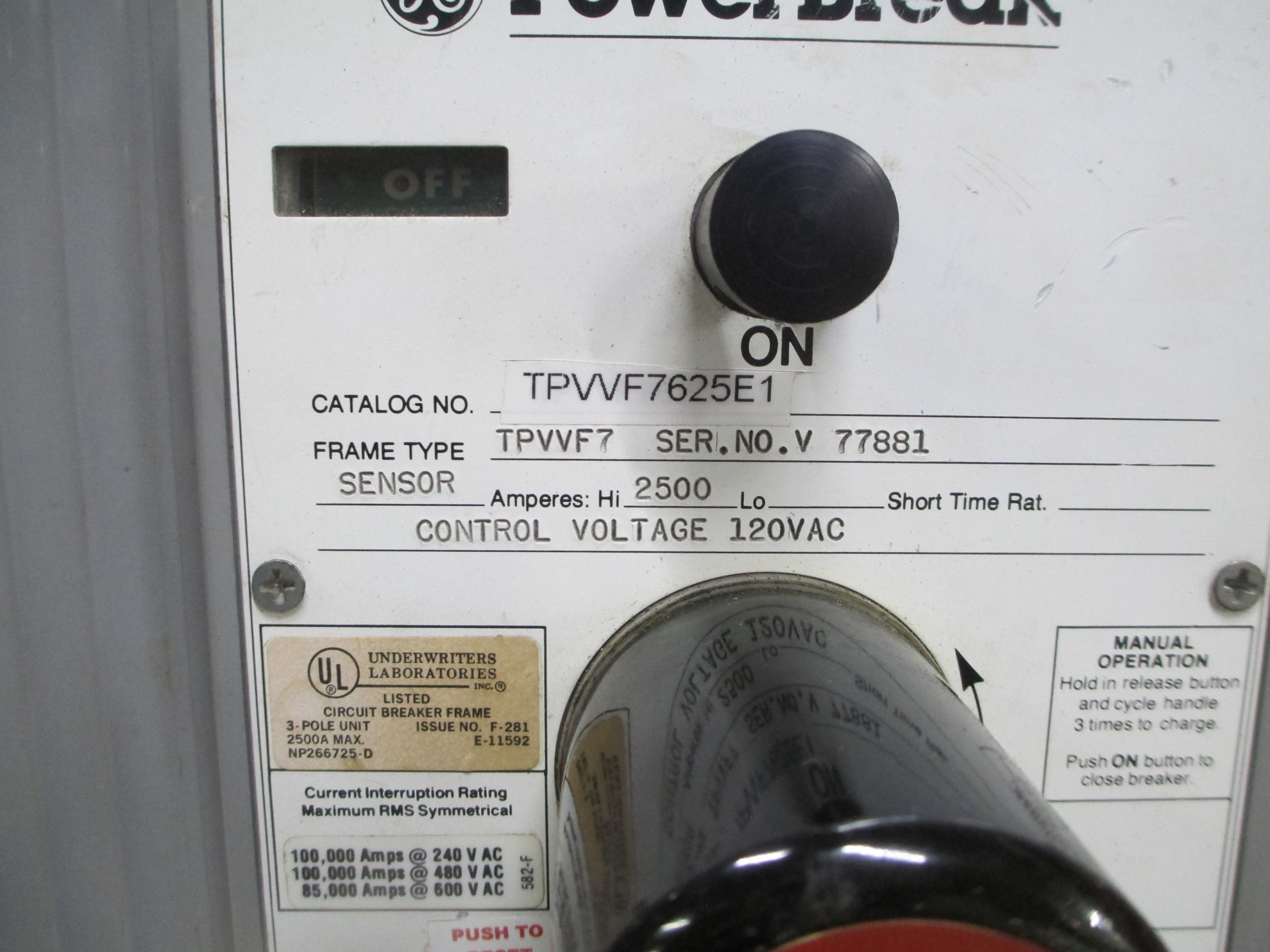 GE Power Break Circuit Breaker TPVVF7625E1 2500A 600 VAC F/M E/O | Used ...