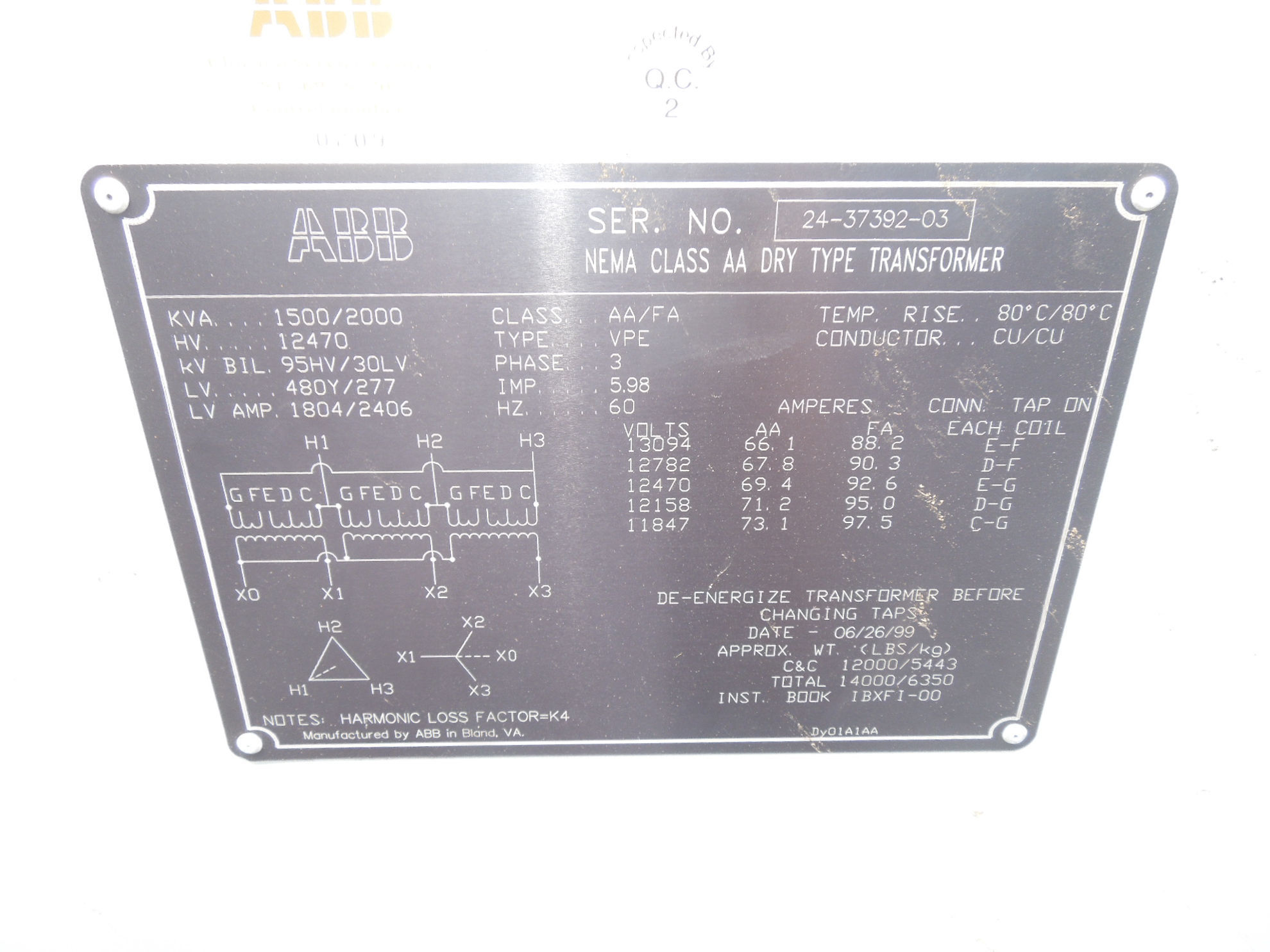 ABB 1500/2000KVA 12470-480Y/277 Volt Medium Voltage Dry Type ...