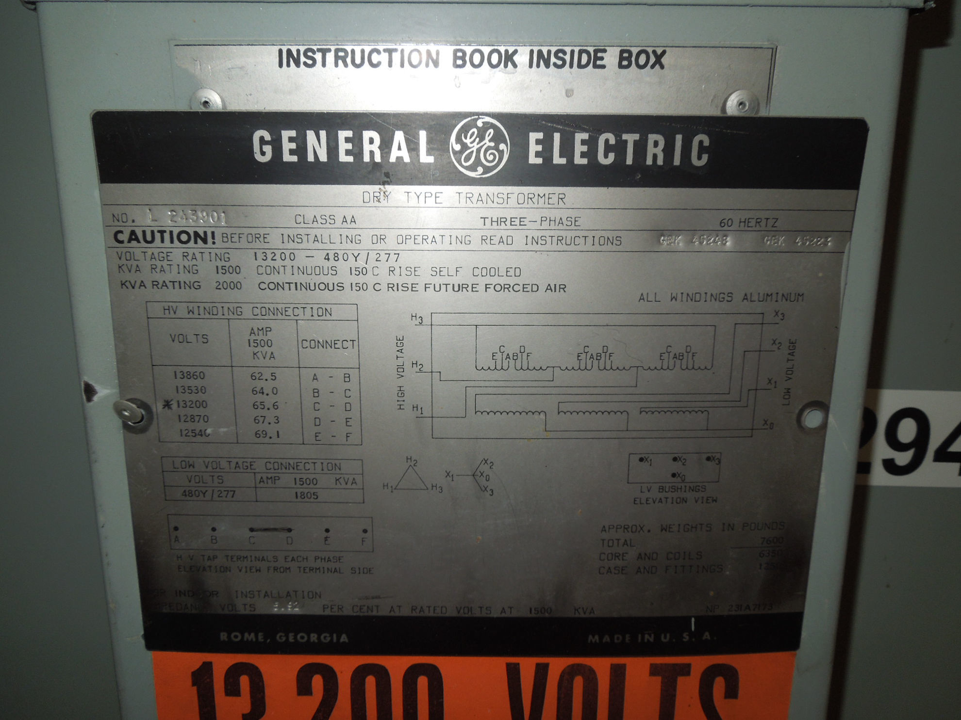 GE 1500/2000 KVA 13200-480Y/277 Volt Medium Voltage Dry Type ...