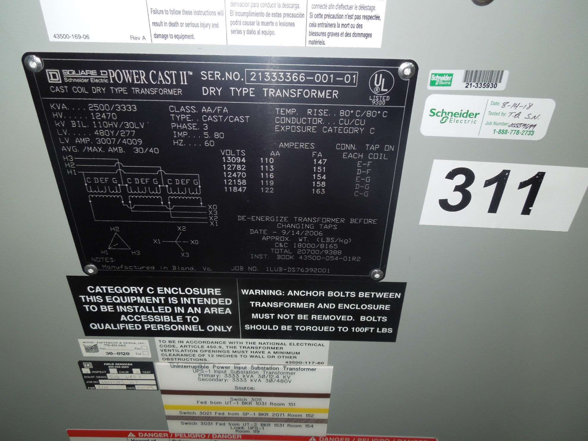 Square D 2500/3333 KVA 12470-480Y/277 Volt Medium Voltage Dry Type ...