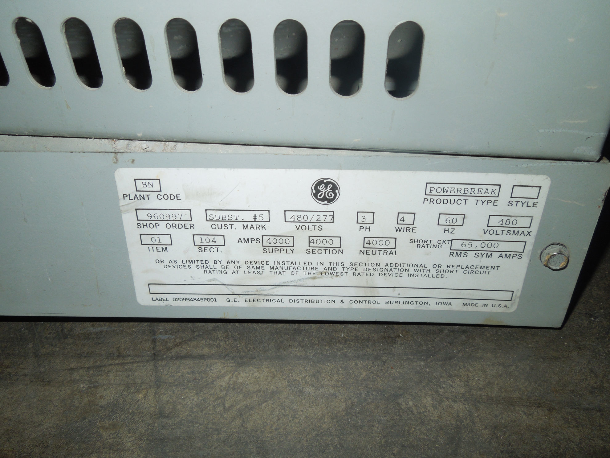 General Electric Power Break Switchboard | 4000 Amp Main Breaker | 480 ...