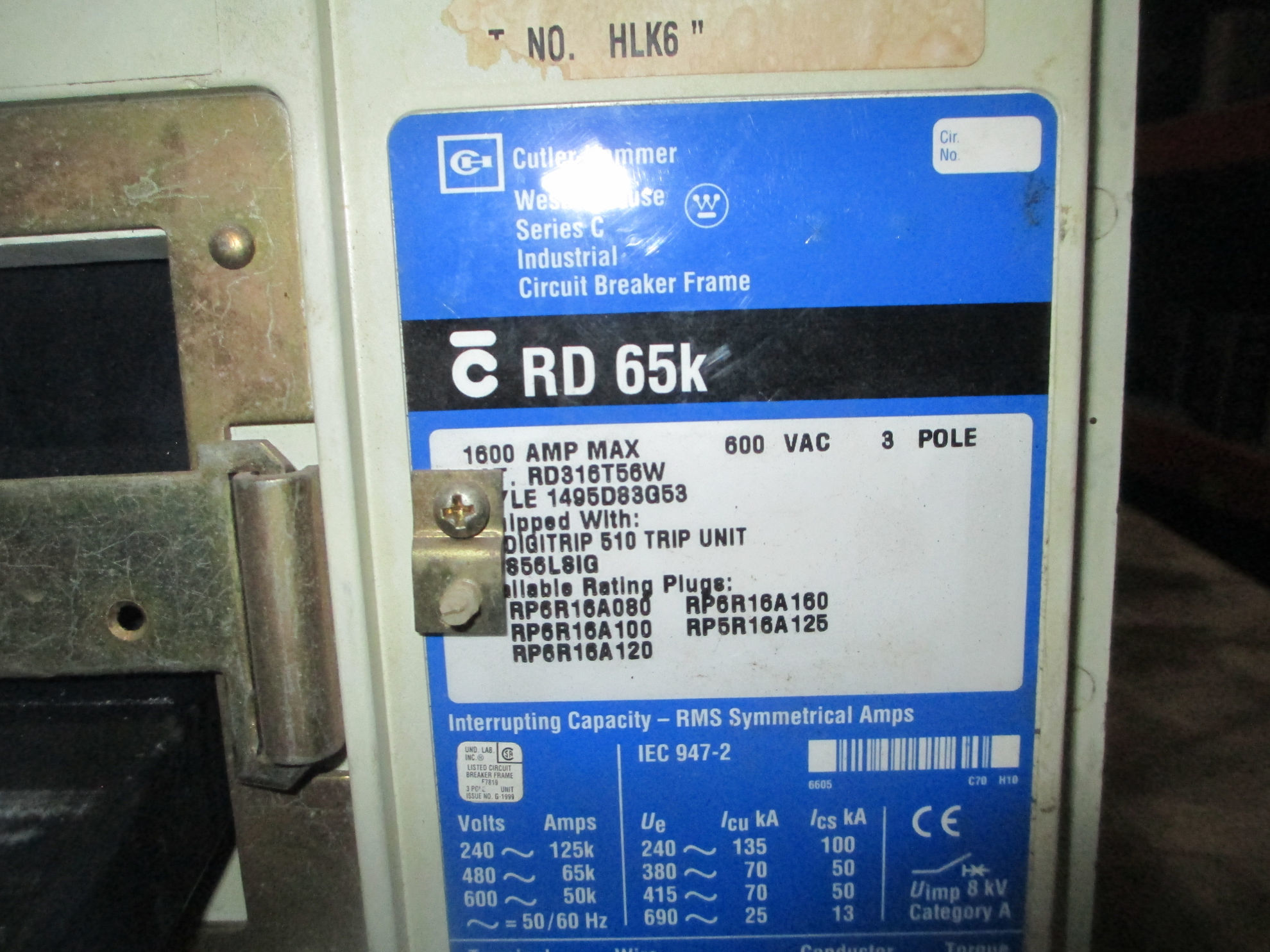 Cutler-Hammer/ Westinghouse RD65K Circuit Breaker RD316T56W 1600 Amp ...