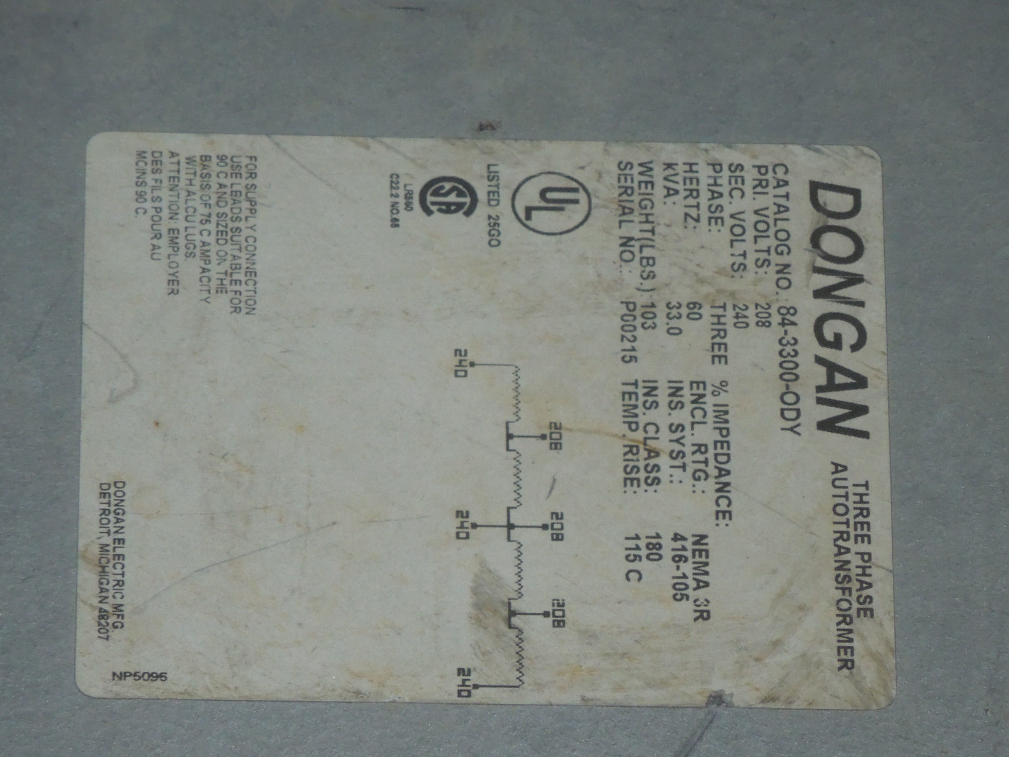 Dongan 33 KVA 208-240 Volt 3 Phase Auto Transformer R&G | Used ...