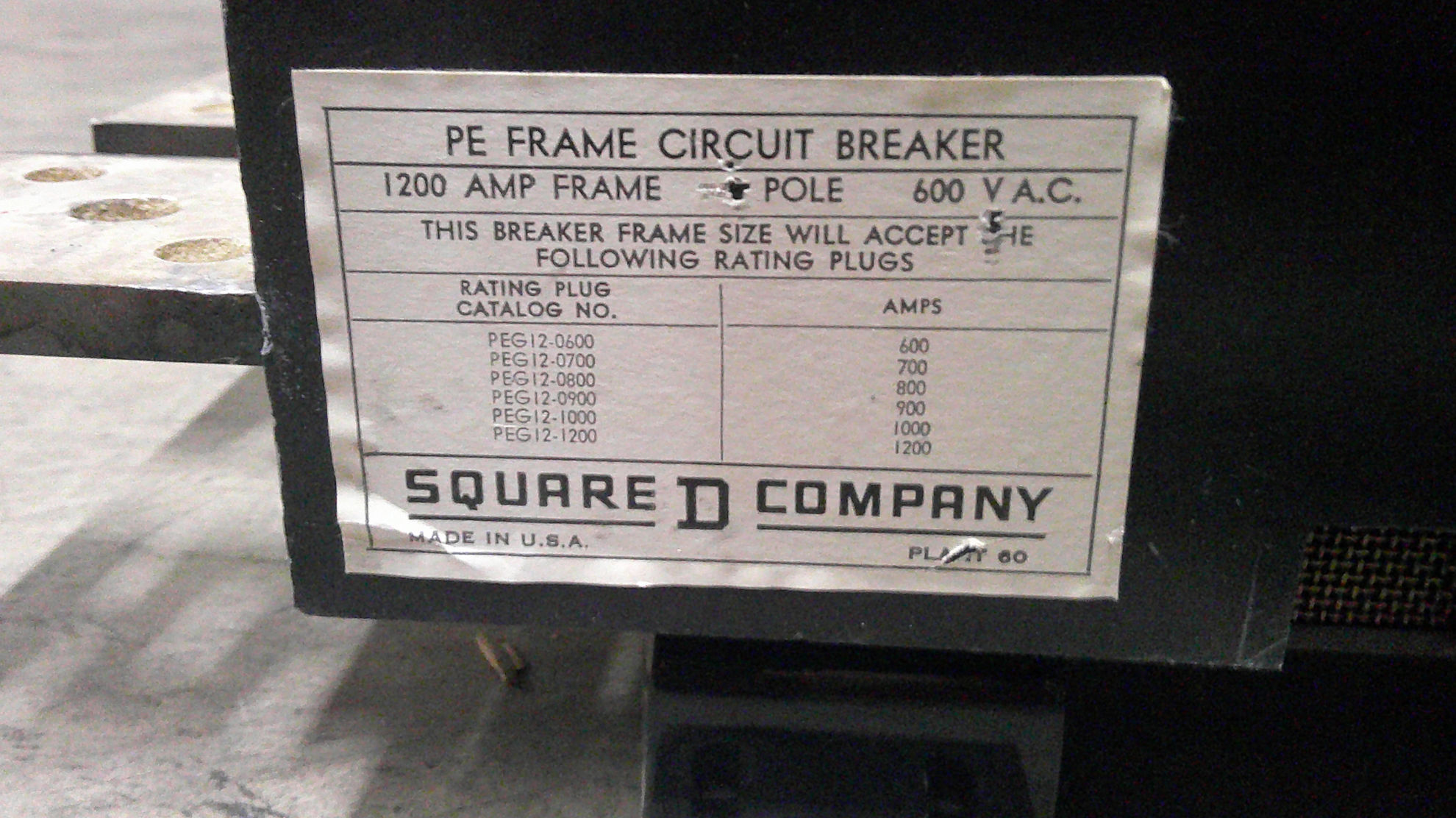 Square D PEC1236G Circuit Breaker 1200 Amp 600 Volt AC F/M M/O | Used ...