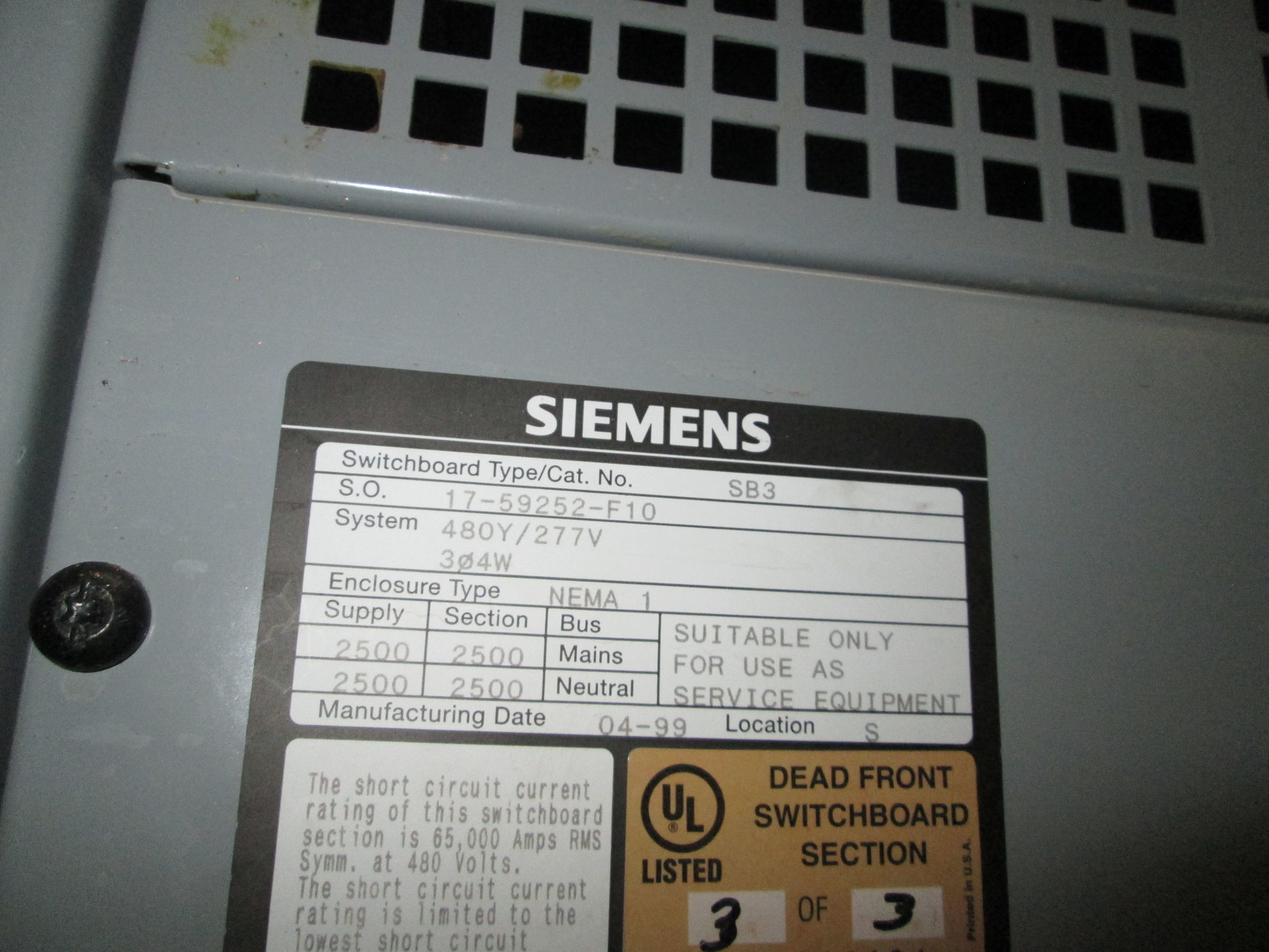 Siemens SB3 Switchboard SBS4025 | 2500 Amp Main Breaker | 480Y/277V 3 ...