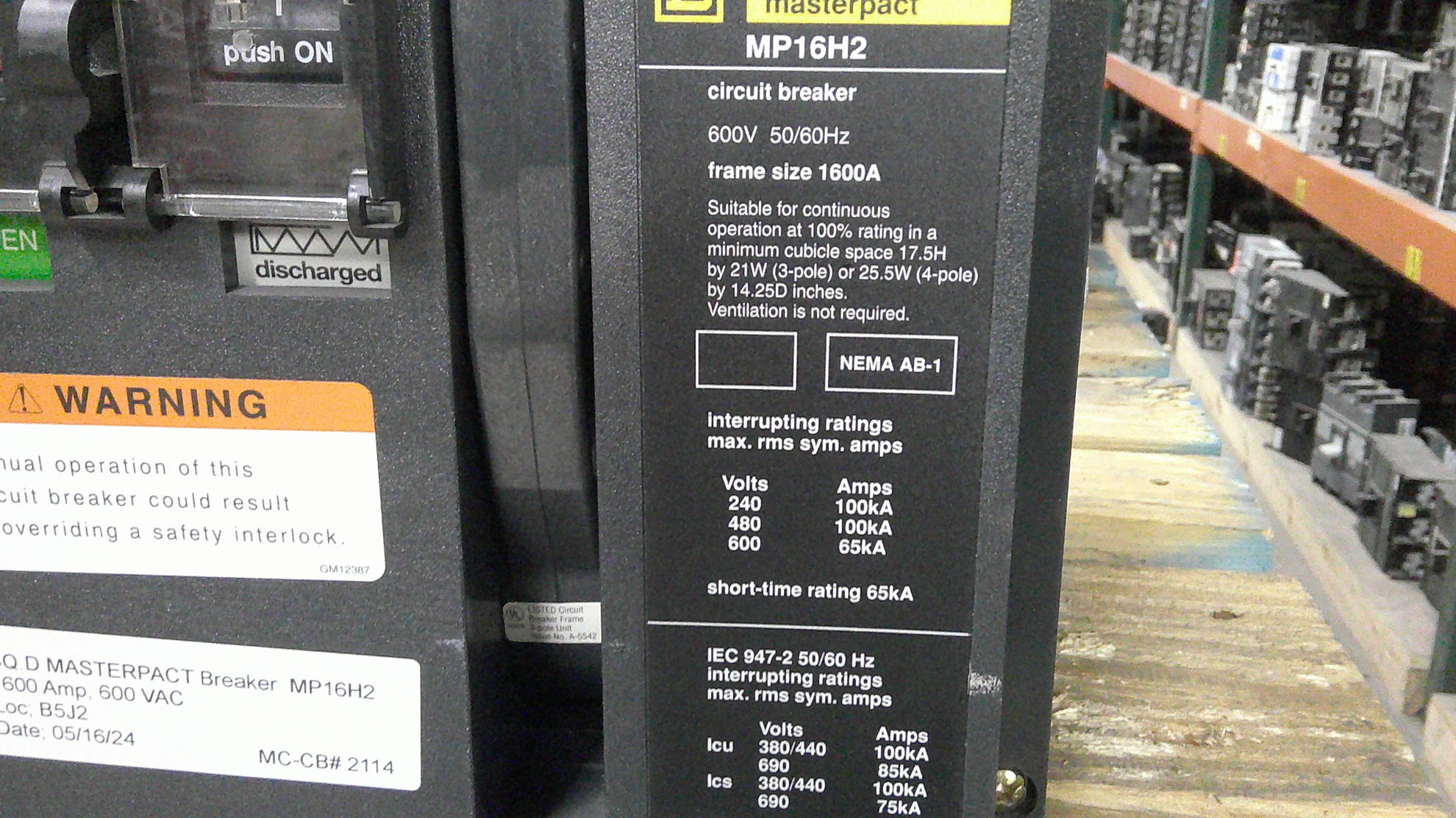 Square D MasterPact MP16H2 Circuit Breaker 1600 Amp 600 Volt AC E/O D/O ...