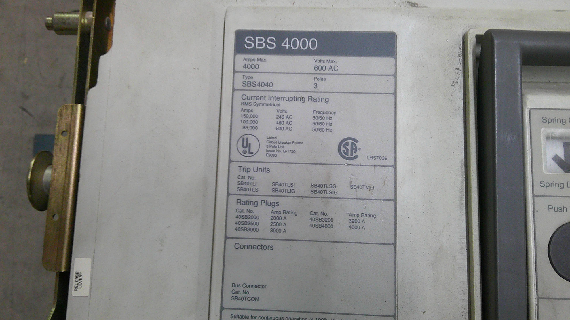 Siemens SBS4000 Circuit Breaker 4000 Amp 600 Volt AC E/O D/O | Used ...