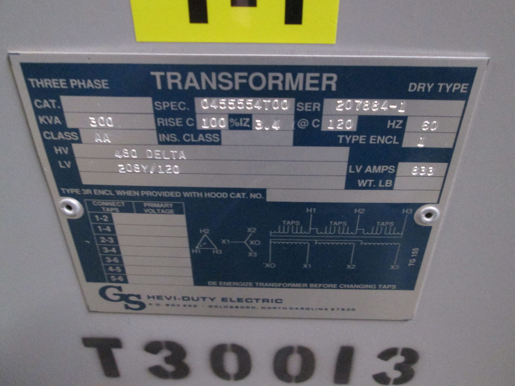 Hevi-Duty 300 KVA 480-208Y/120 Volt 3 Phase Low Voltage Dry Type ...