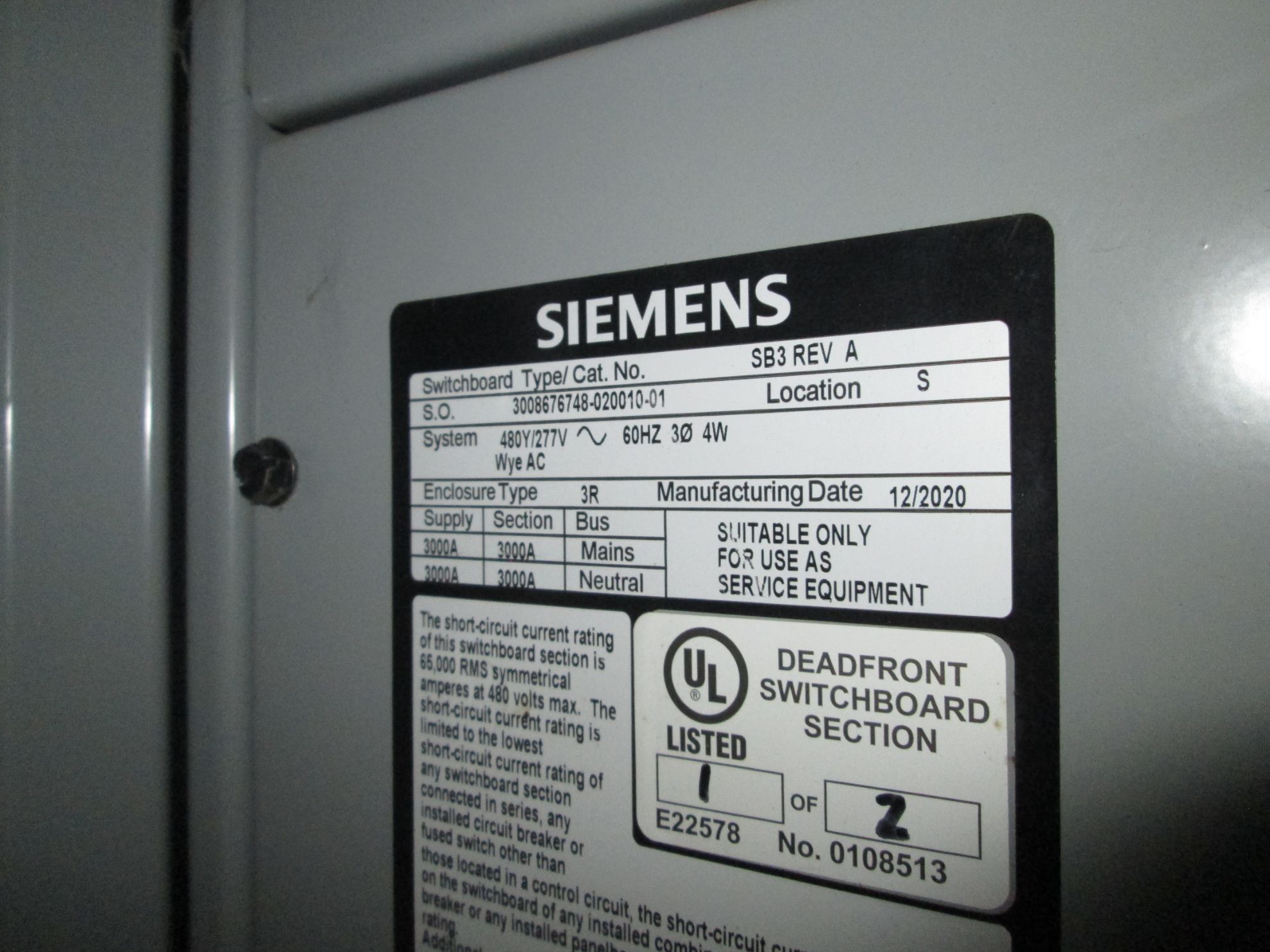 Siemens SB3 Switchboard WLL2F330 | 3000 Amp Main Breaker | 480Y/277V 3 ...