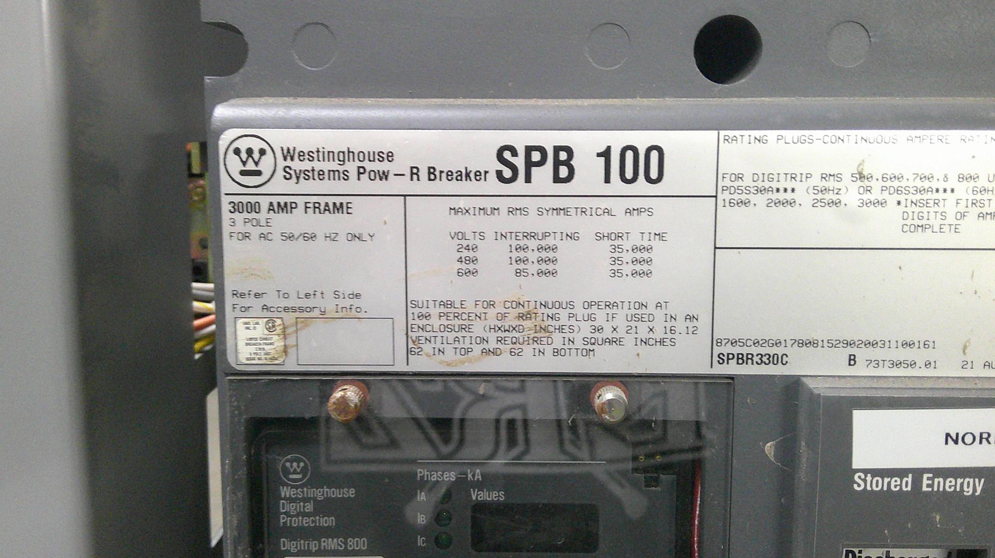 Westinghouse SPB100 Circuit Breaker 3000 Amp 600 Volt AC E/O D/O | Used ...
