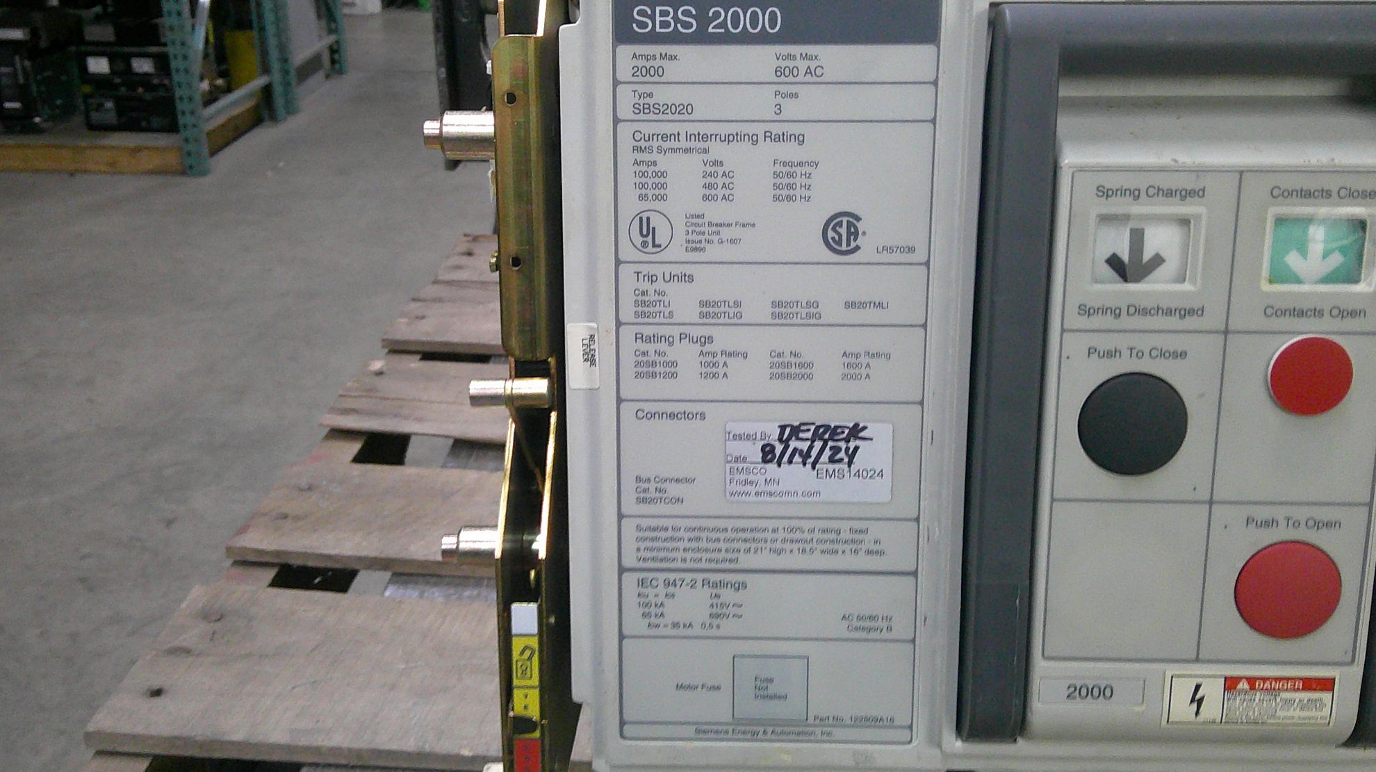 Siemens SBS2020 Circuit Breaker 2000 Amp 600 Volt AC M/O D/O | Used ...