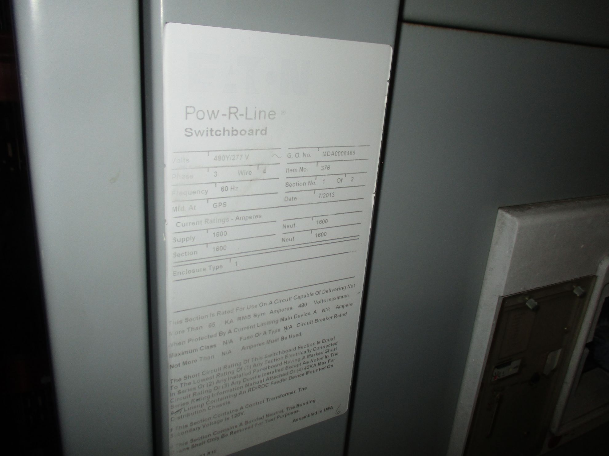 Eaton Pow-R-Line Switchboard RGH316033E | 1600 Amp Main Breaker | 480Y ...