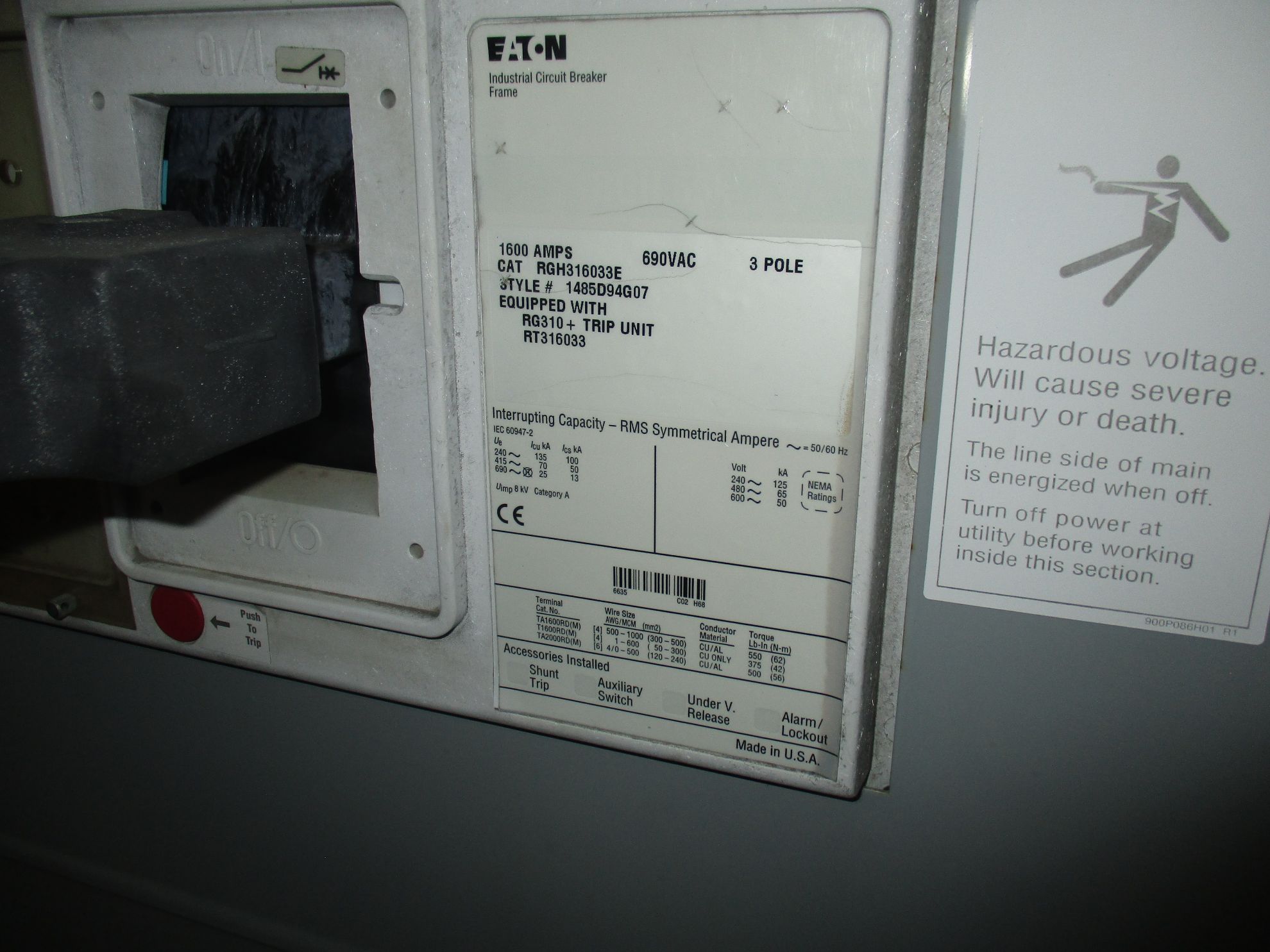 Eaton Pow-R-Line Switchboard RGH316033E | 1600 Amp Main Breaker | 480Y ...