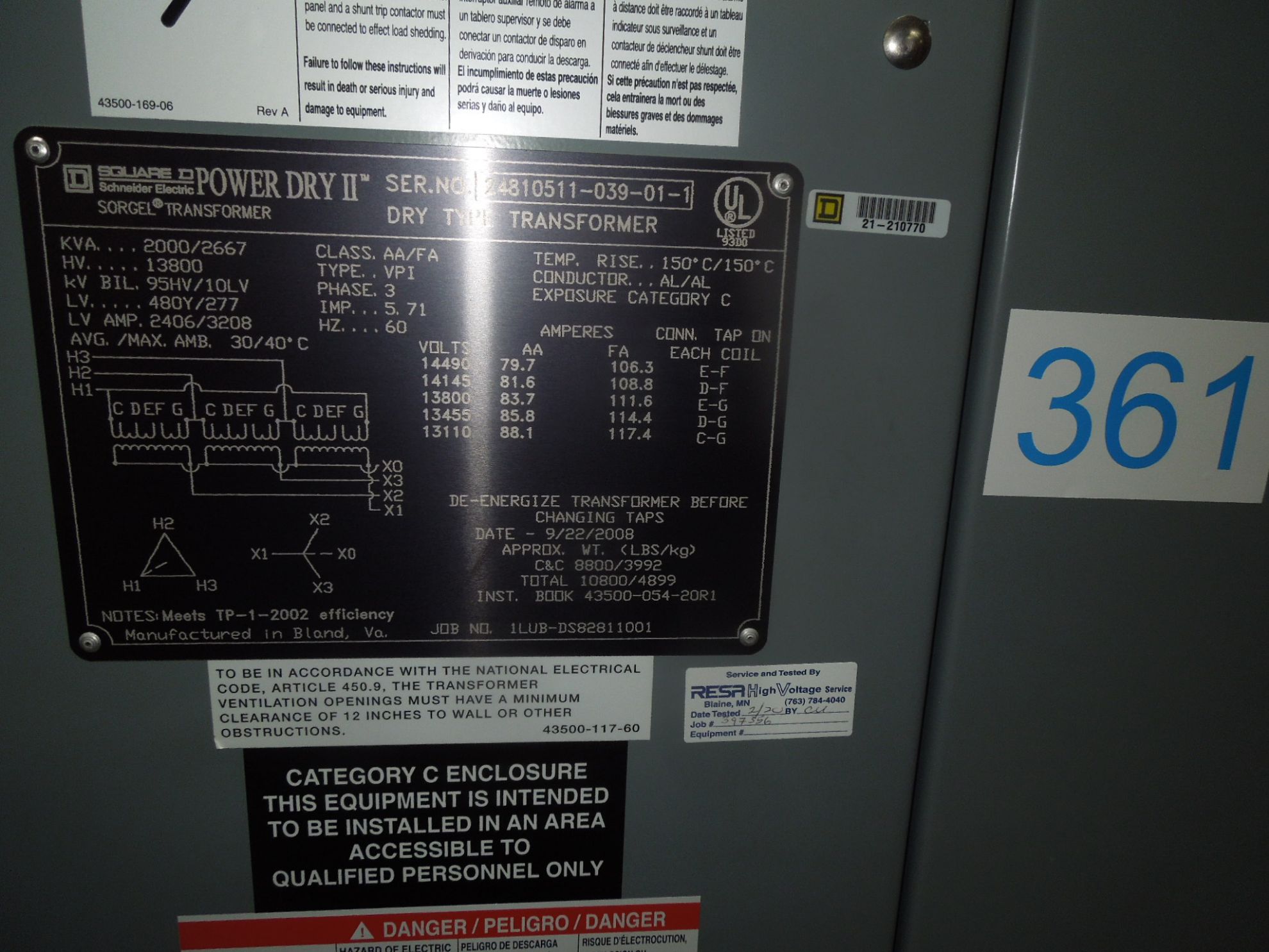 Square D Power Dry II 2000/2667 KVA 13800-480Y/277 Volt Medium Voltage ...