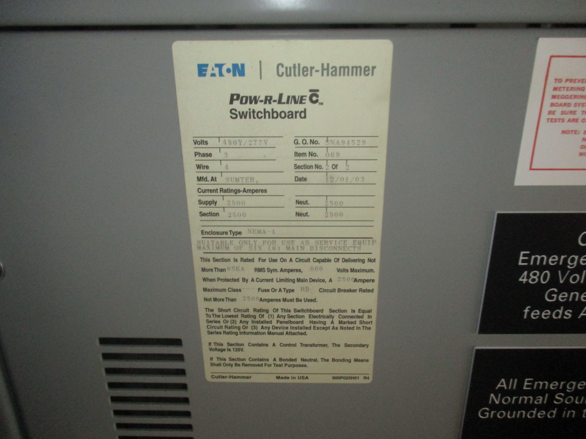 Eaton Pow-R-Line Switchboard RD325T36W | 2500 Amp Main Breaker | 480Y ...