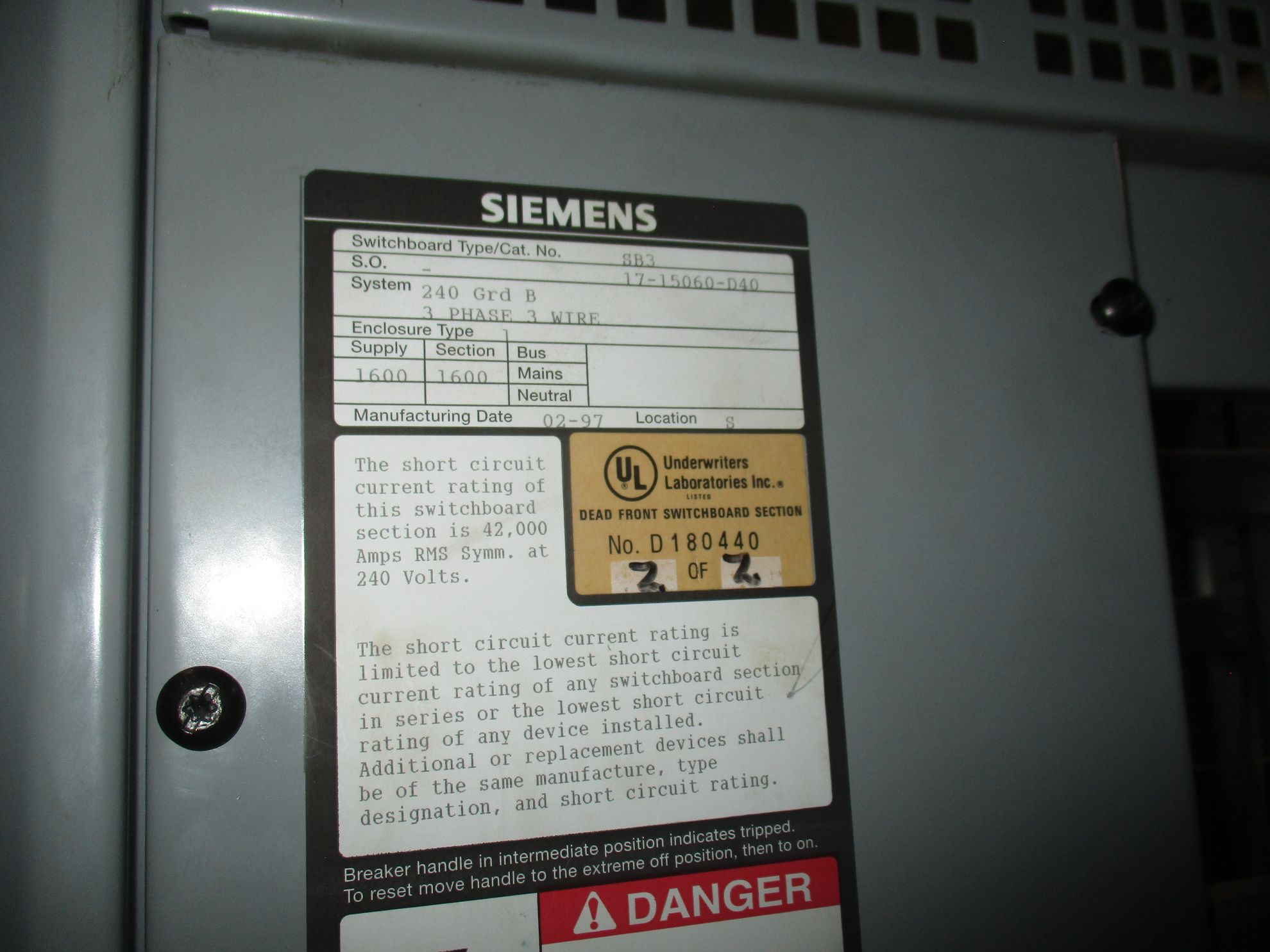 Siemens SB3 Switchboard | 1600 Amp Main Breaker | 240V 3-Phase 3-Wire ...