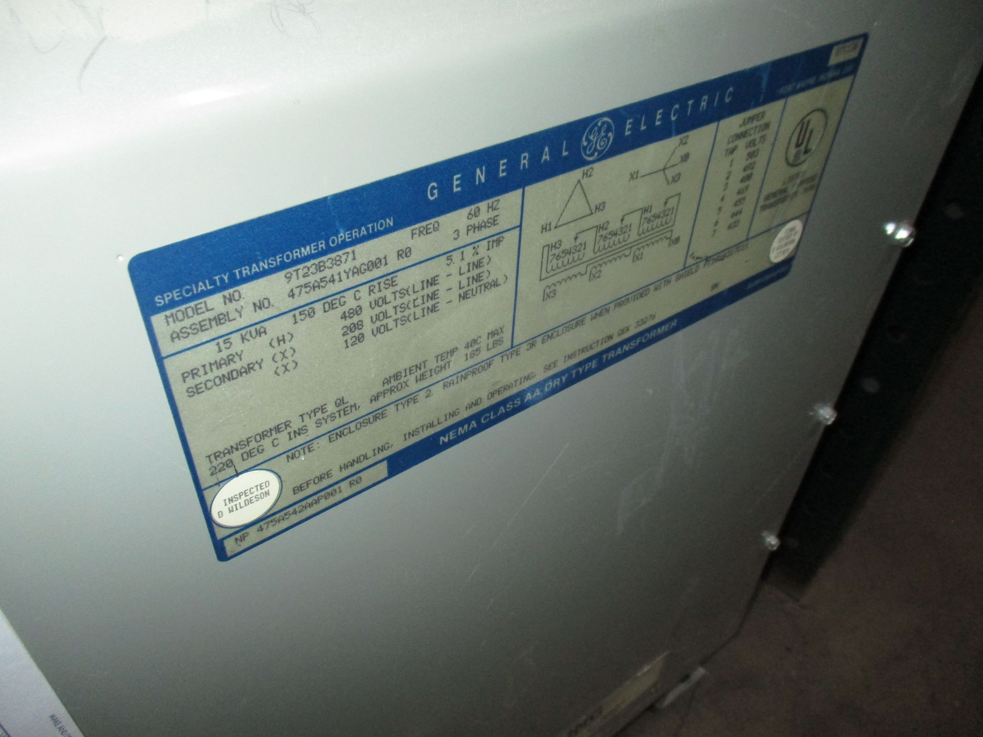 General Electric Low Voltage Dry Type Transformer | 15 KVA 480-208Y/120 ...