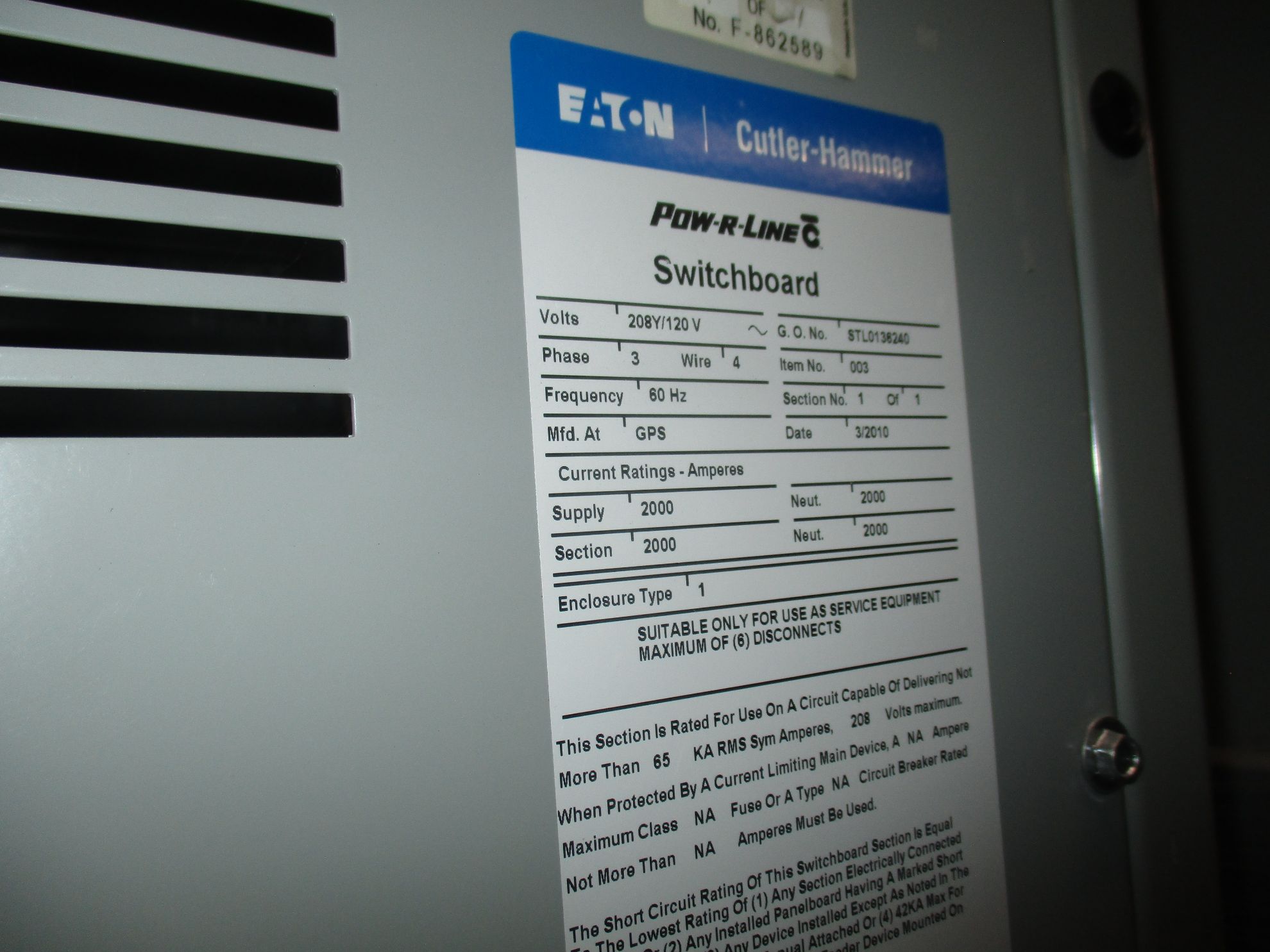 Eaton Pow-R-Line Switchboard RD320T33W | 2000 Amp Main Breaker | 208Y ...